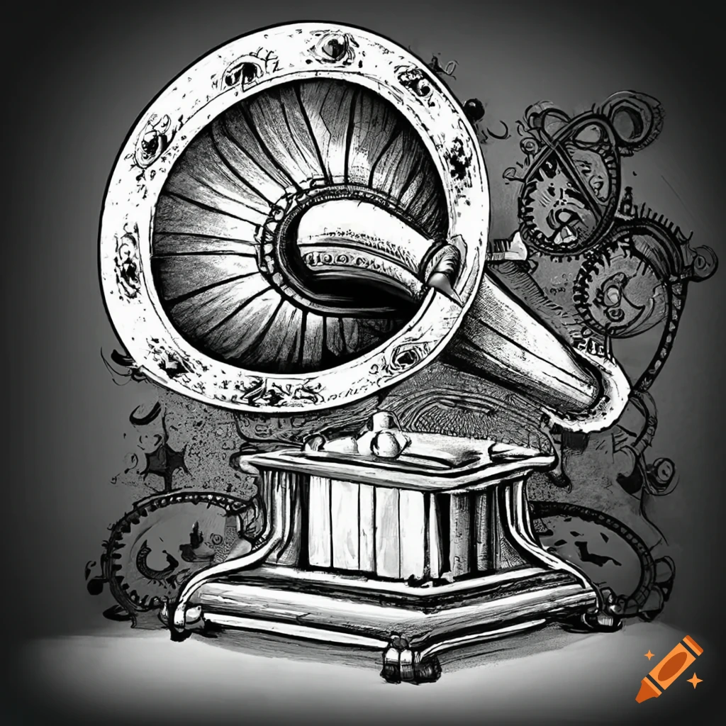 Victorian steampunk phonograph tattoo drawing in black and white on Craiyon