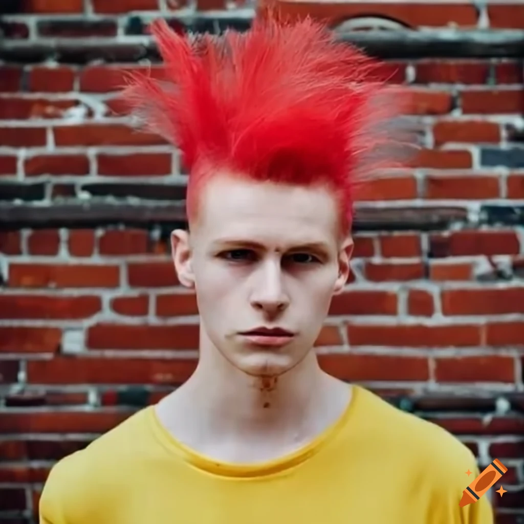 Man with red mohawk, yellow long sleeves shirt and jeans on Craiyon