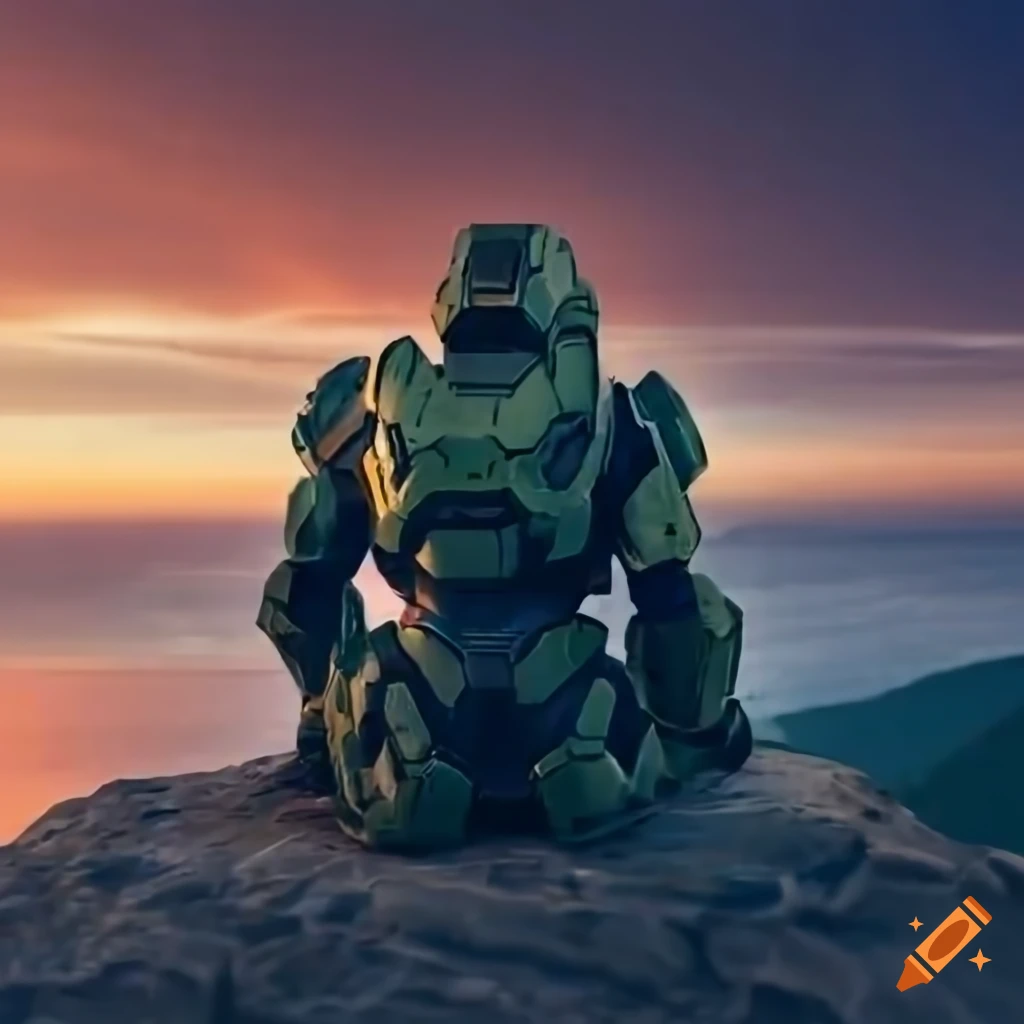 Master chief sitting on a cliff and looking at the sunset on Craiyon
