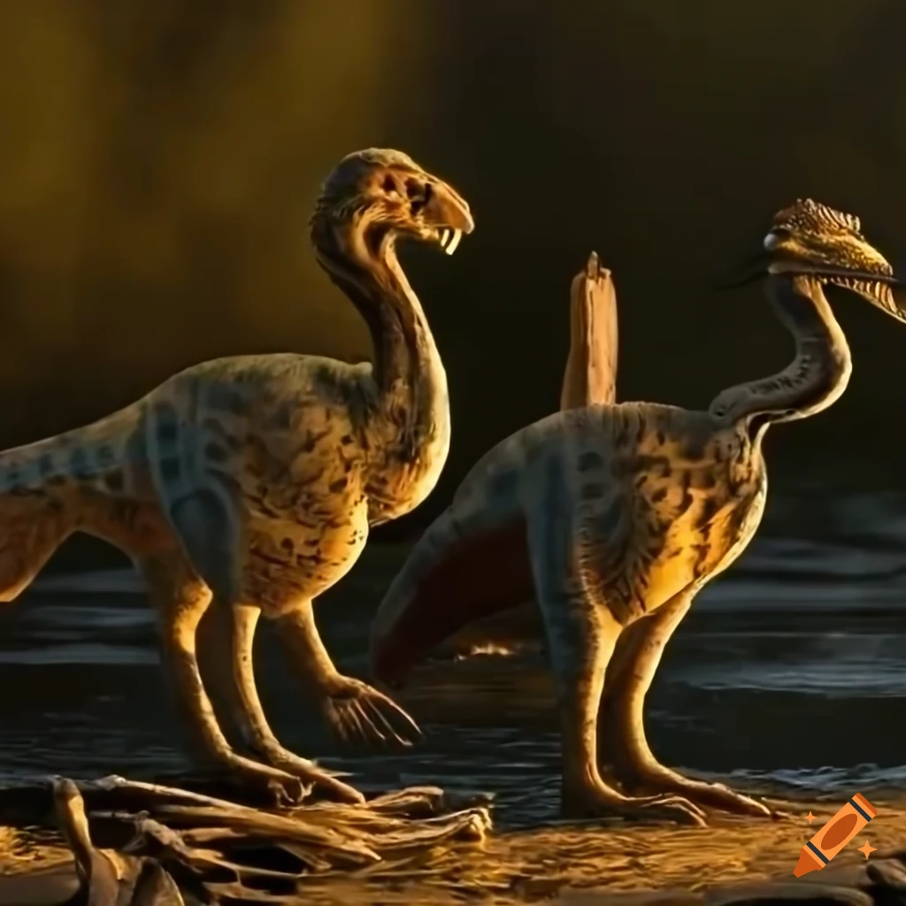 Feathered Oviraptor dinosaurs by a British Columbia lake with driftwood ...