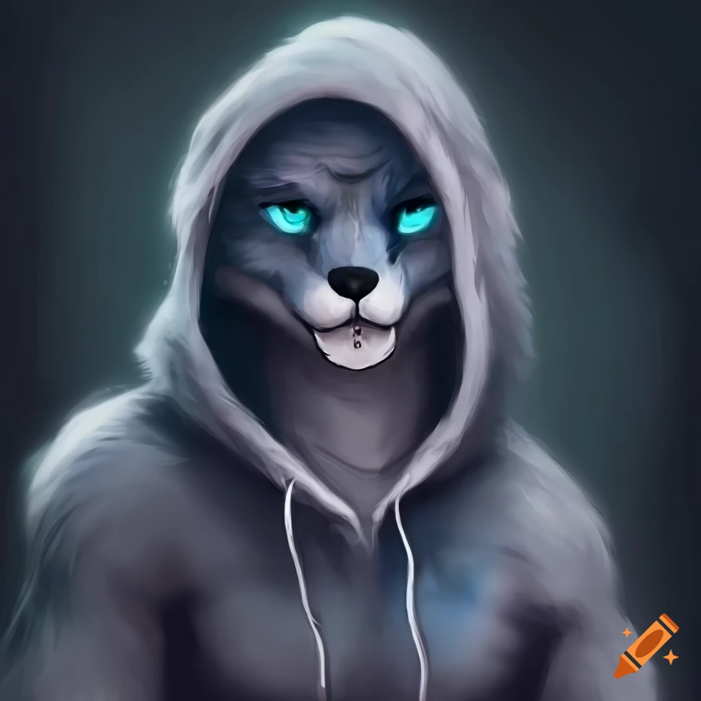 Mysterious wolf in human form wearing a hoodie with bluish eyes on Craiyon