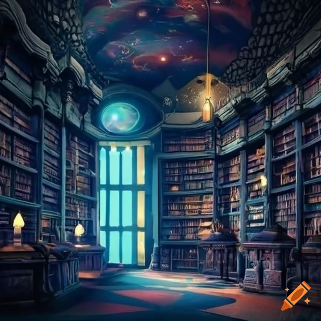 Celestial themed library in a castle on Craiyon