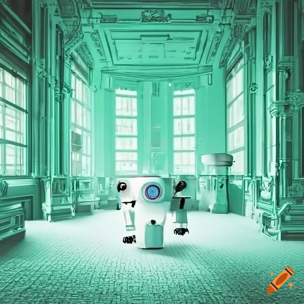 Students with personal robot tutors studying in a spacious light green ...