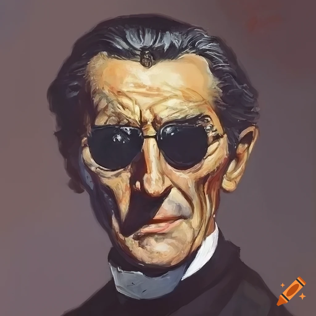 Portrait of Peter Cushing dressed like a priest with black sunglasses ...