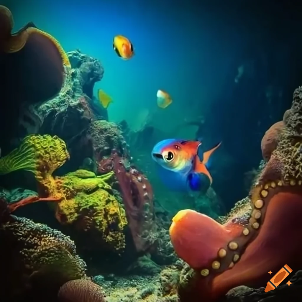 Rainbow fish talking to wise old octopus in a cave on Craiyon
