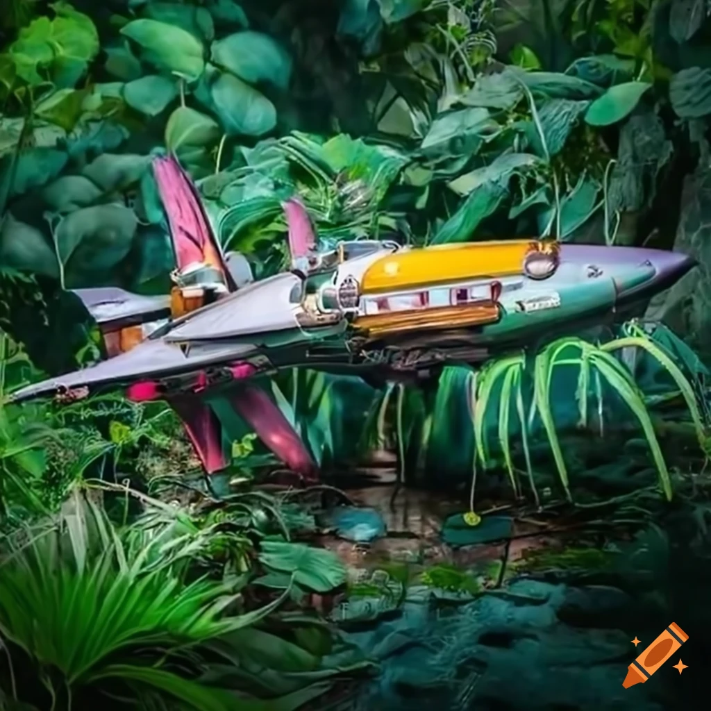 Floral steampunk spacecraft exploring an alien floral jungle on Craiyon