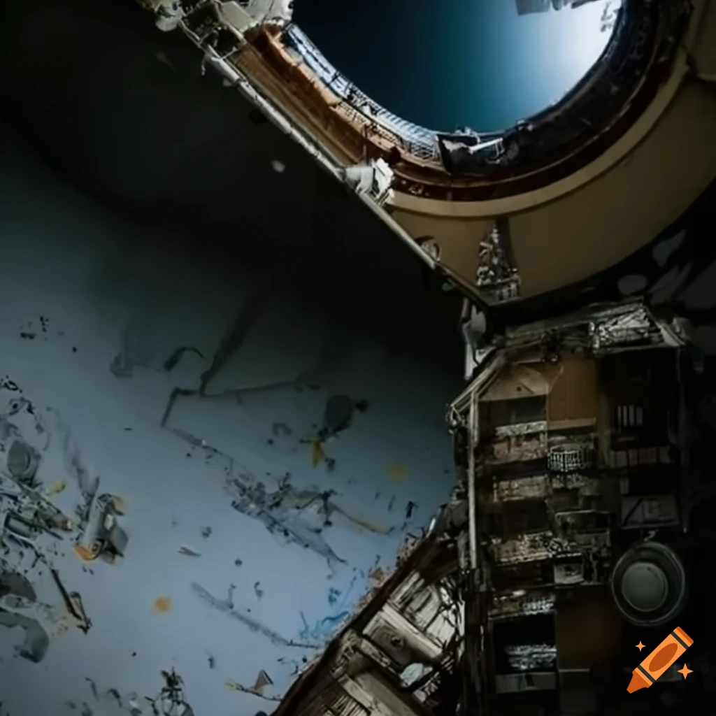 Gritty, desolate space station interior with damaged machinery on Craiyon