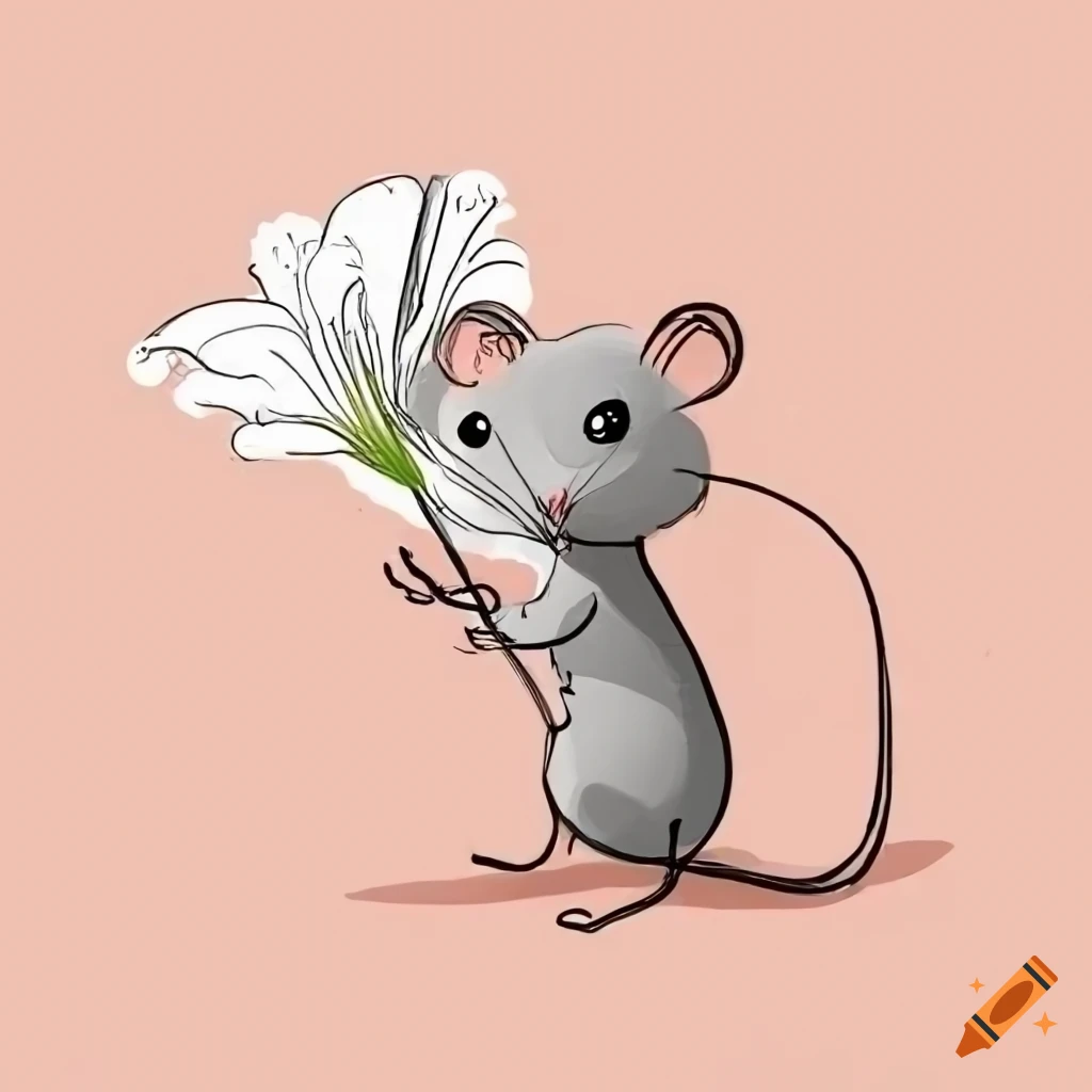 Minimalist line drawing of a mouse holding a lily flower on Craiyon