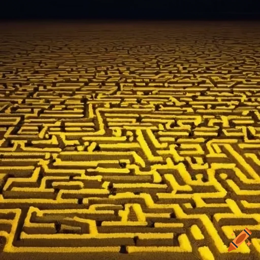 Yellow maze with carpet and lights on Craiyon