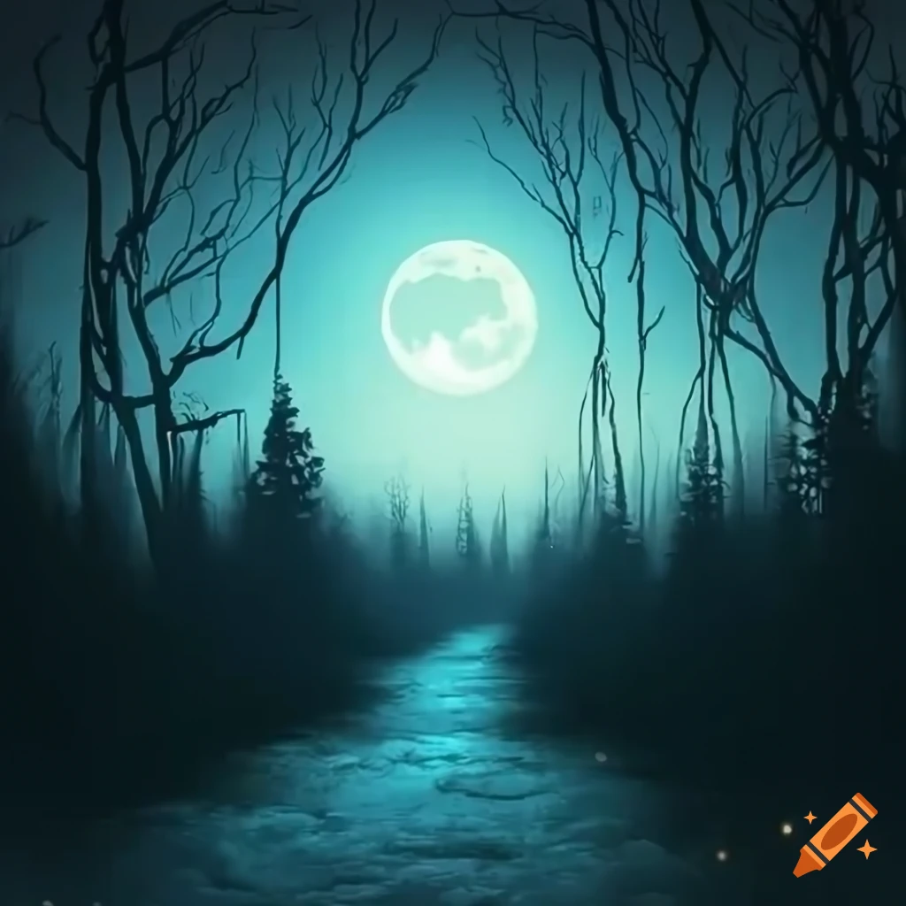 Fantasy landscape with dark spooky forest, full moon, and twinkling stars on Craiyon