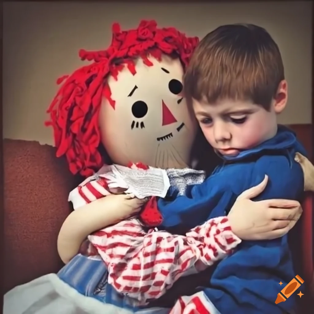 Raggedy ann comforting a sad-looking boy in a heartwarming scene on Craiyon