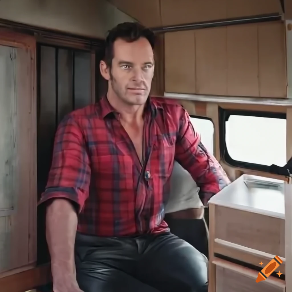 High-angle view of a person in red plaid shirt and black leather trousers sitting in a caravan ...