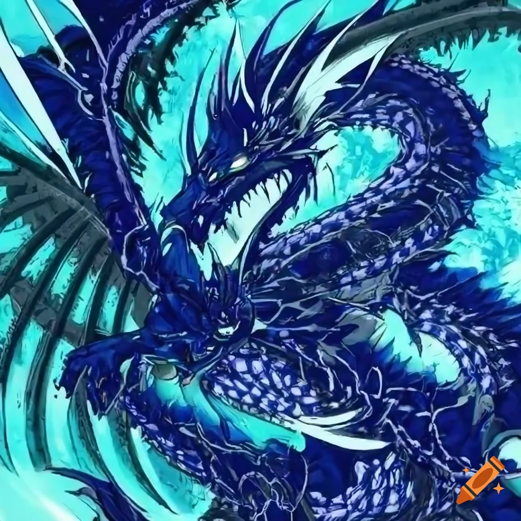 Fantastical stylised anime dragon in navy-blue, turquoise, and cyan ...