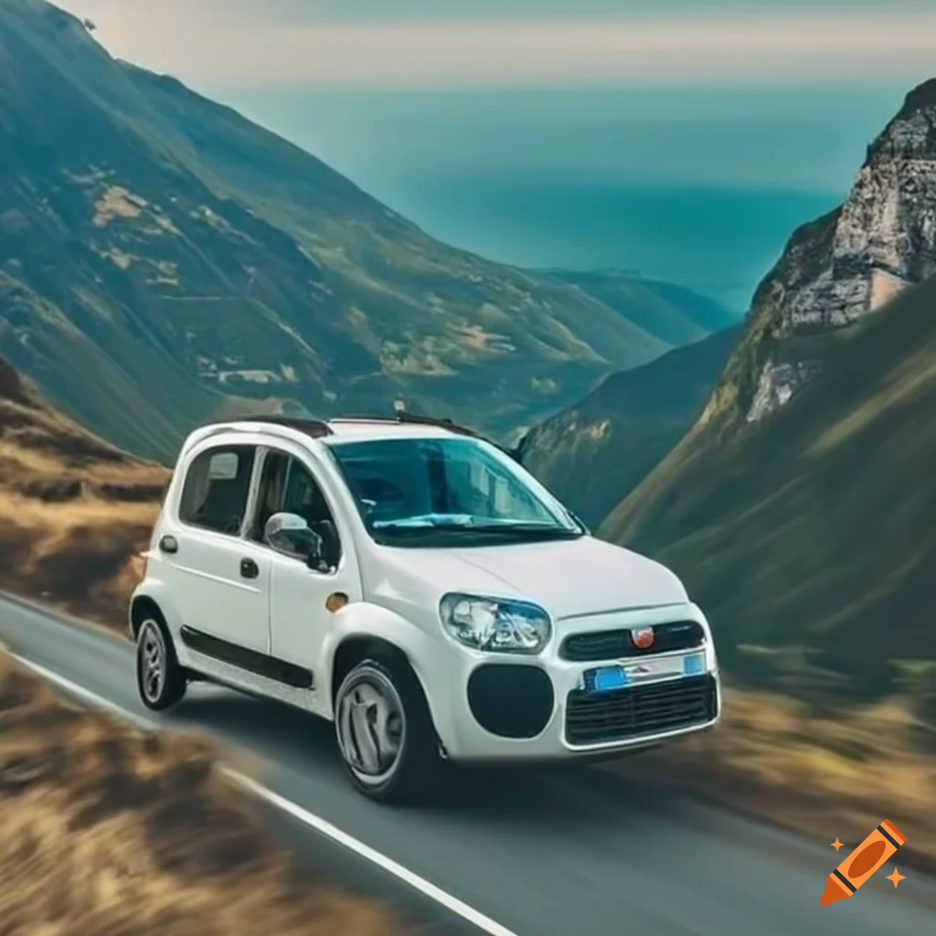 Stylish white Fiat Panda driving on winding mountain roads with ...