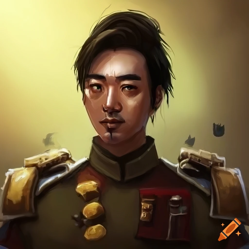 Asian male portrait in the style of rogue trader warhammer 40k on Craiyon