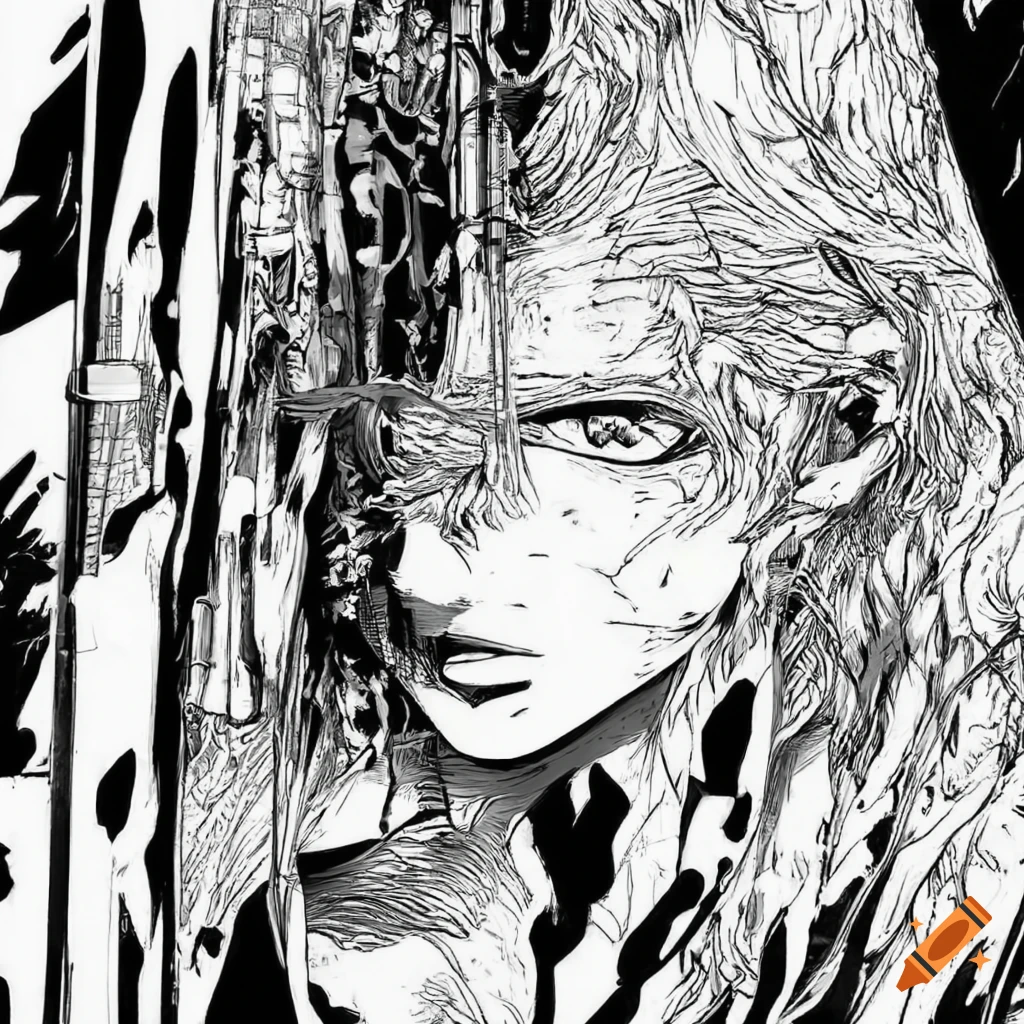 Black and white highly detailed manga panel with sharp outline on Craiyon