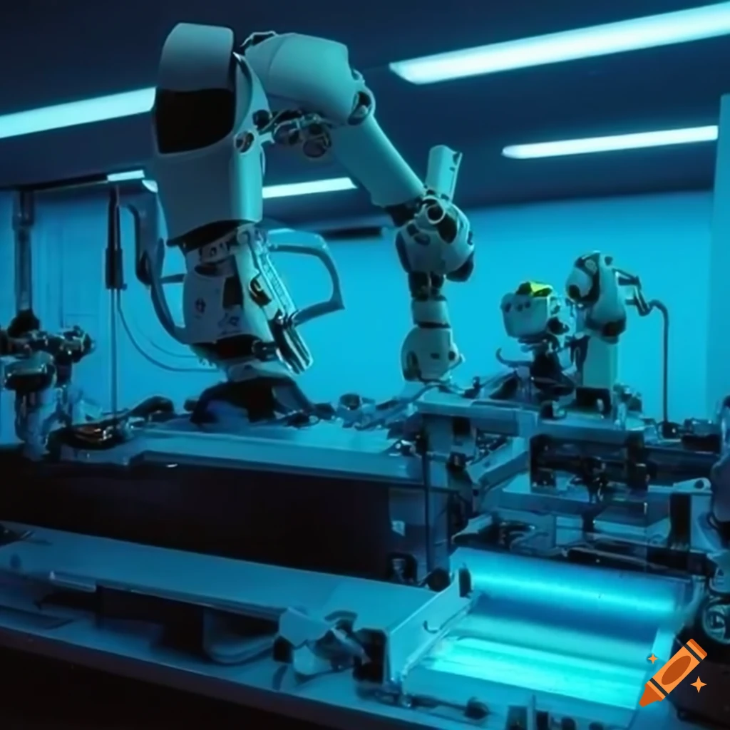 Advanced robotics laboratory with workbench, tools, and robots on Craiyon
