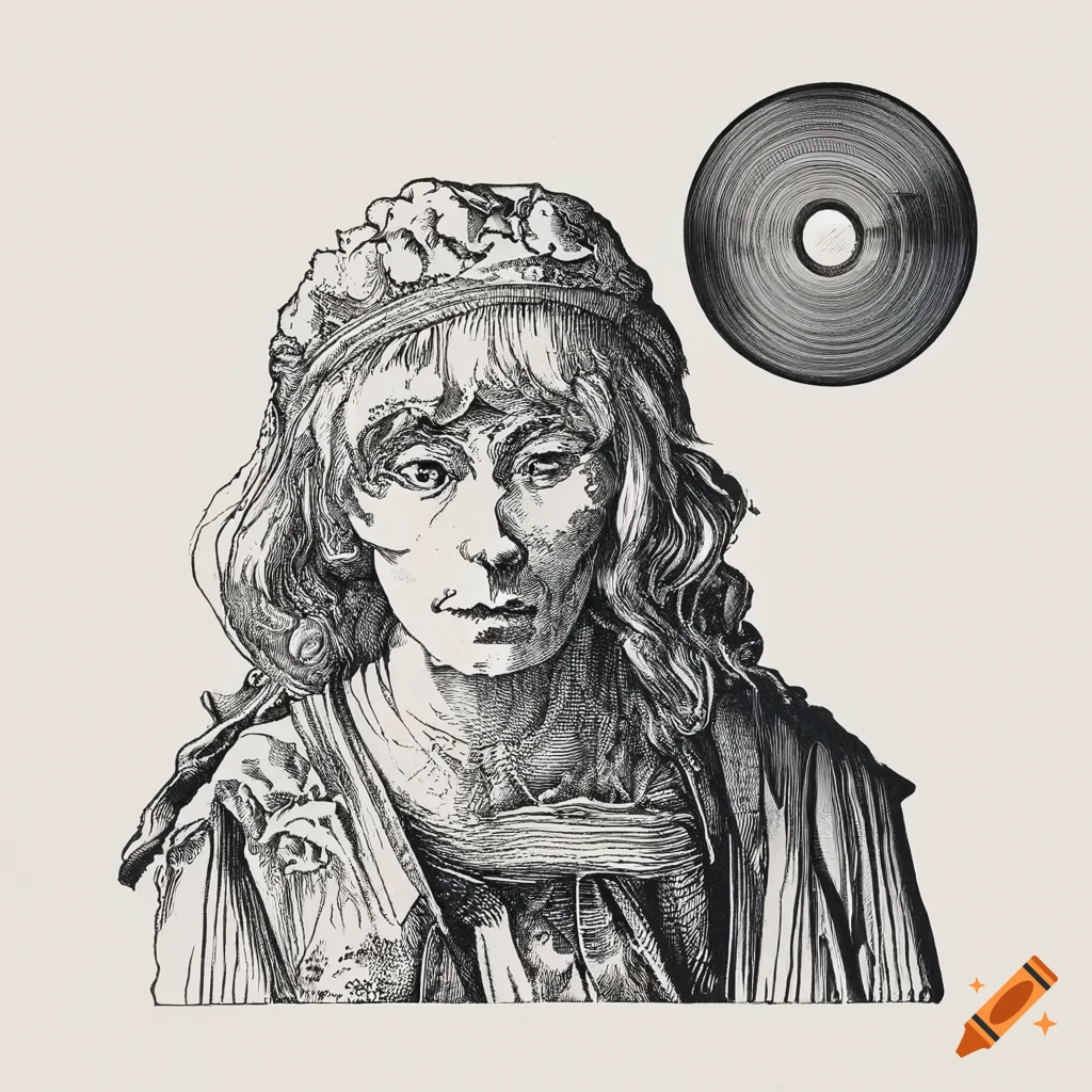 High resolution monochrome Durer woodcut of a DJ with a vinyl record on ...