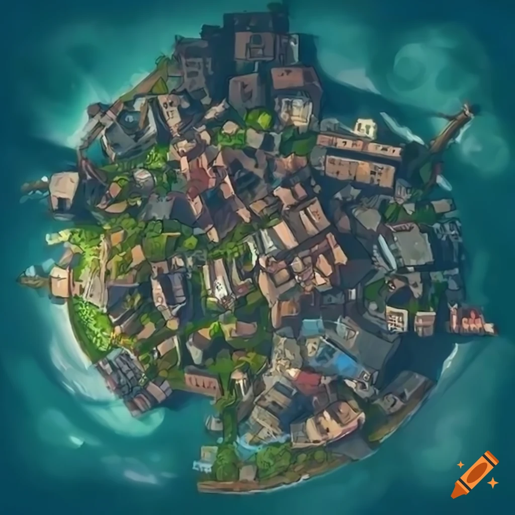 Top down view of a bustling fantasy portside town on Craiyon