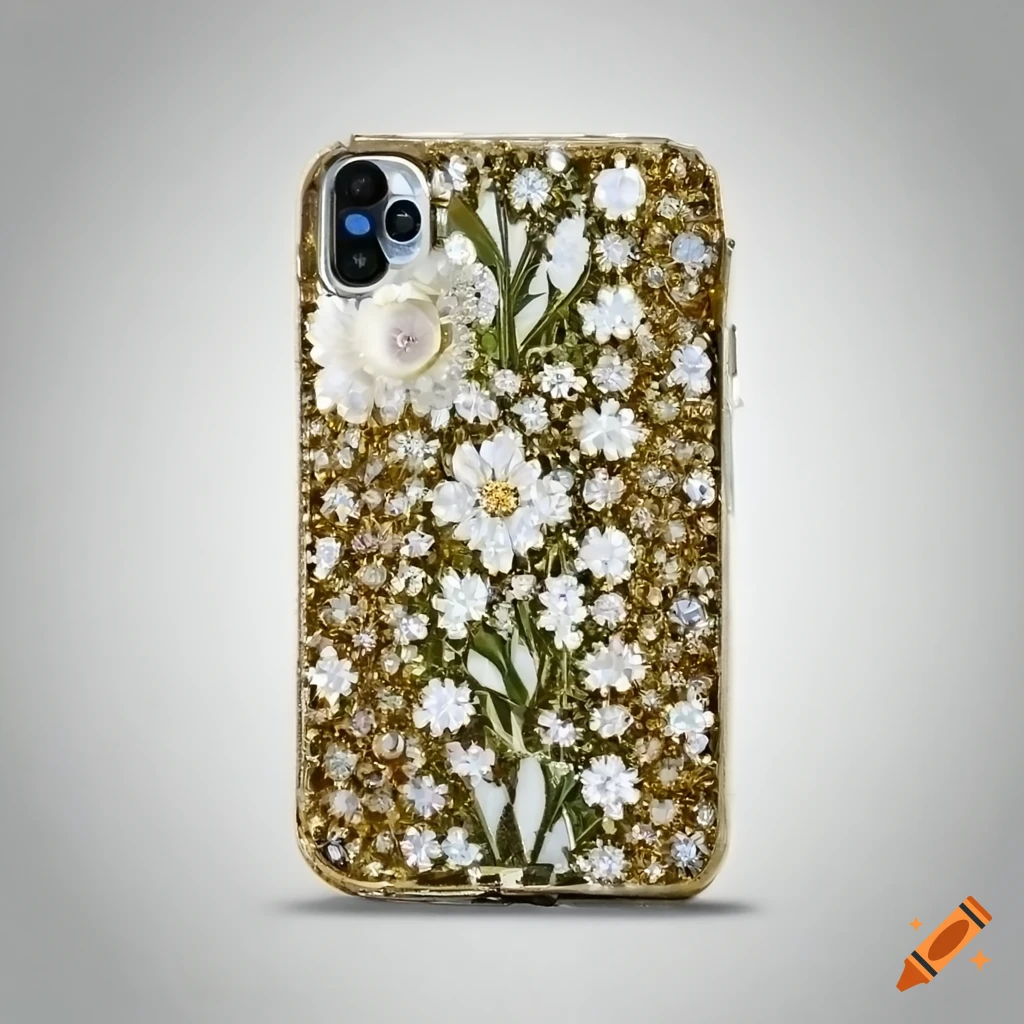 Phone case adorned with diamonds, pearls, and flowers on Craiyon