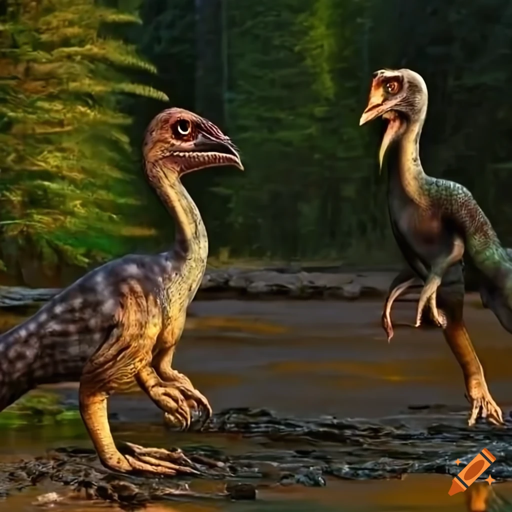 Feathered Oviraptor dinosaurs by a British Columbia lake with driftwood ...