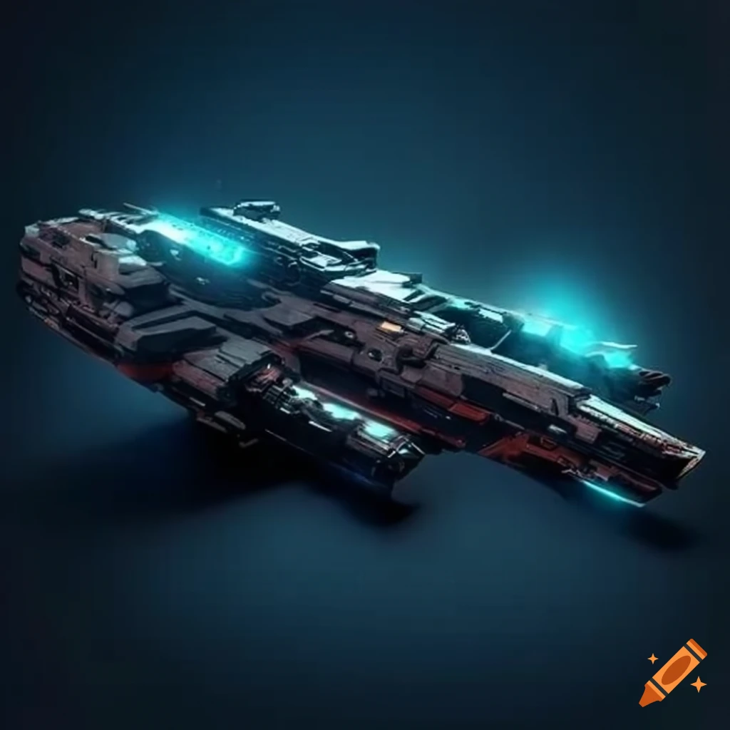 Sleek heavily armed cyberpunk spaceship cruiser in 80s sci-fi style on ...