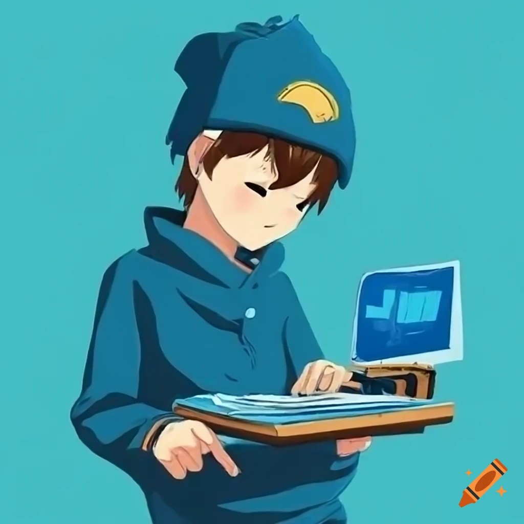 Blue lofi boy with beanie studying on Craiyon