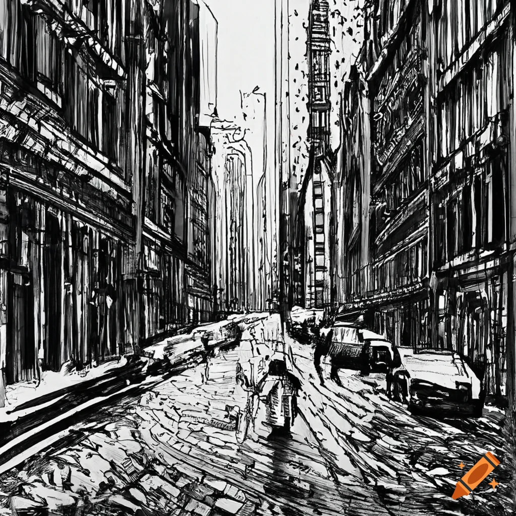 Black-ink fine line artwork of a city street on Craiyon
