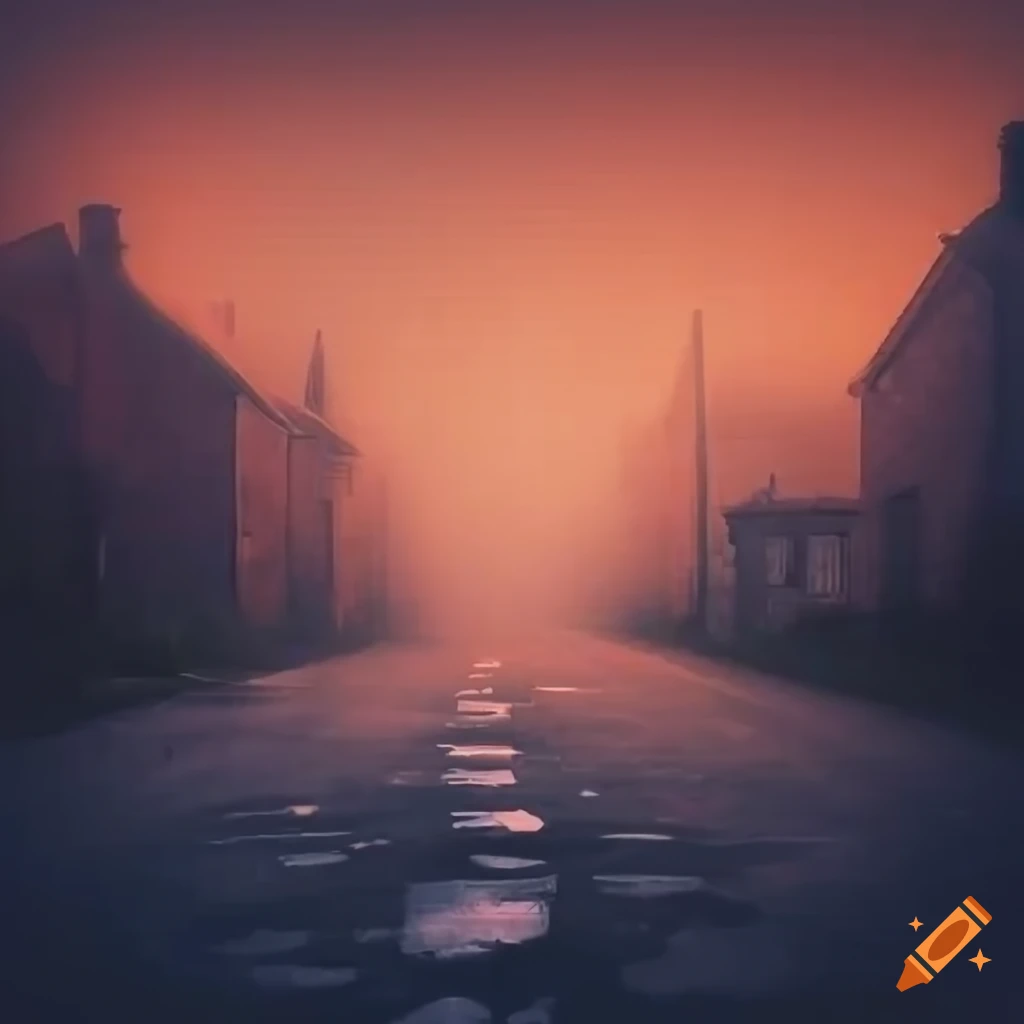 Liminal space with house, lamppost, foggy roadwalk, and transitioning ...
