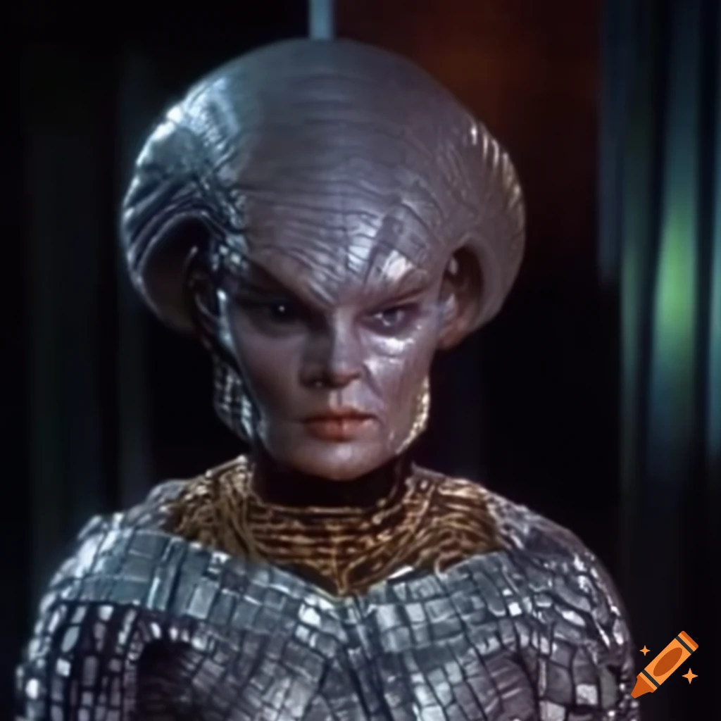 Giant aliens in silver mosaic robes in star trek original series on Craiyon