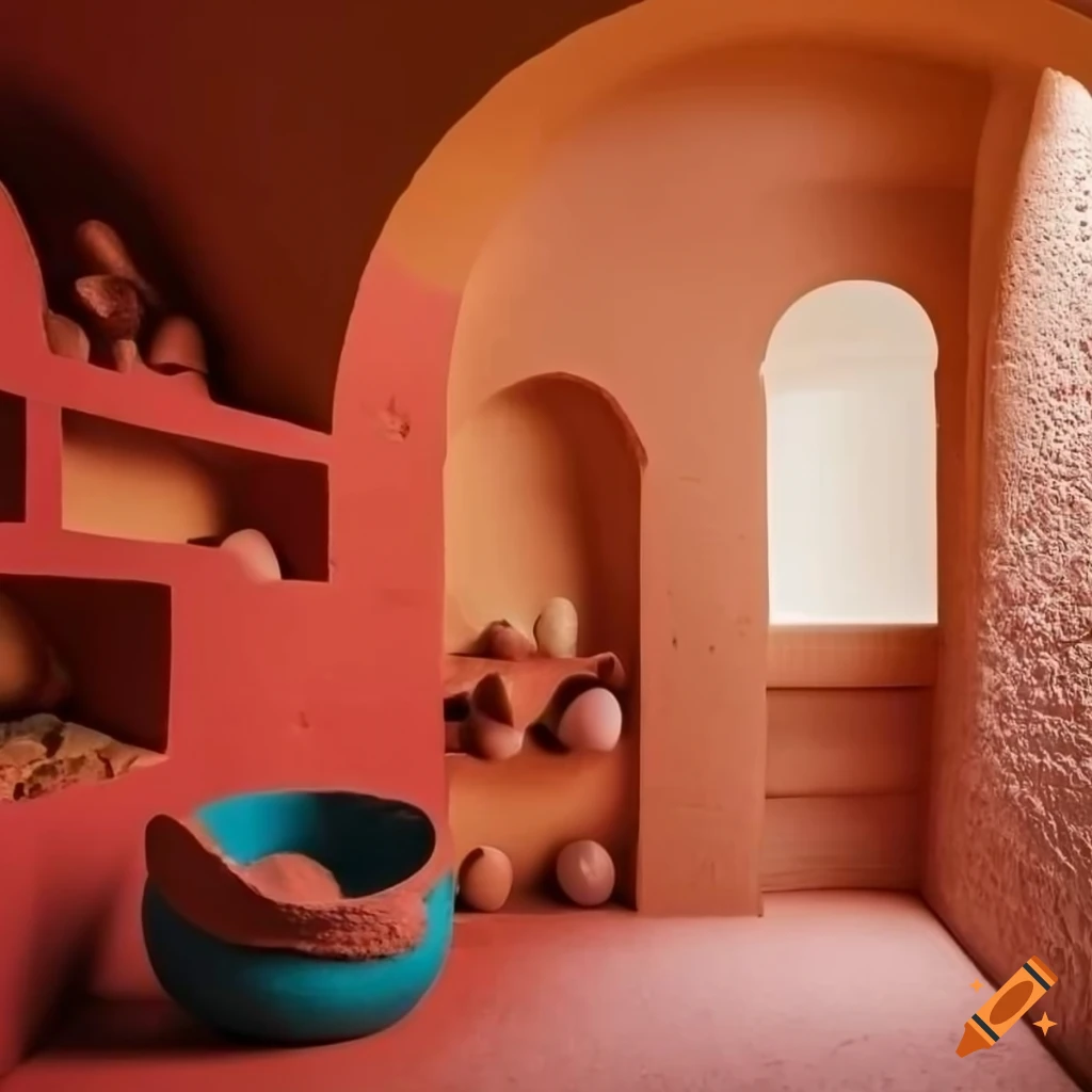 Colorful cave alcove with decorative clay objects on shelves on Craiyon