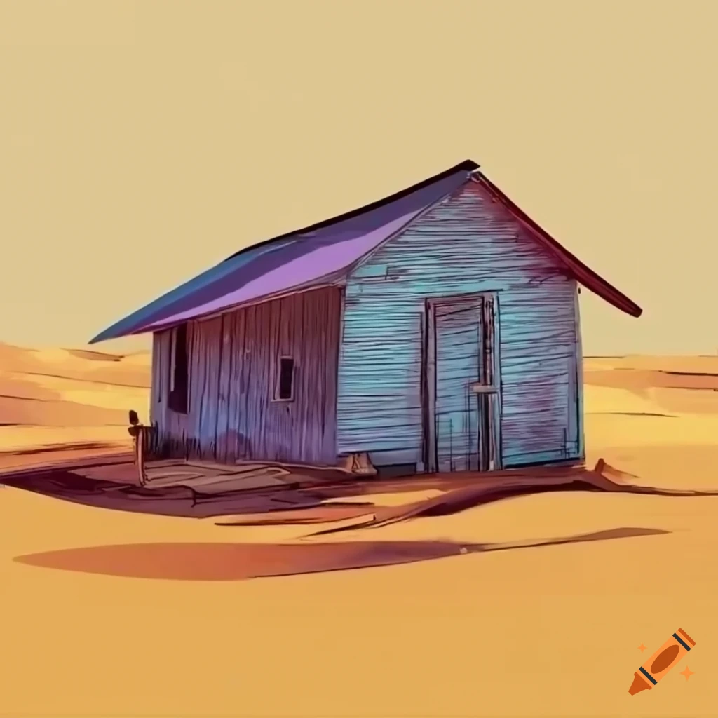 Lineart of an old small shack on a desert wasteland on Craiyon