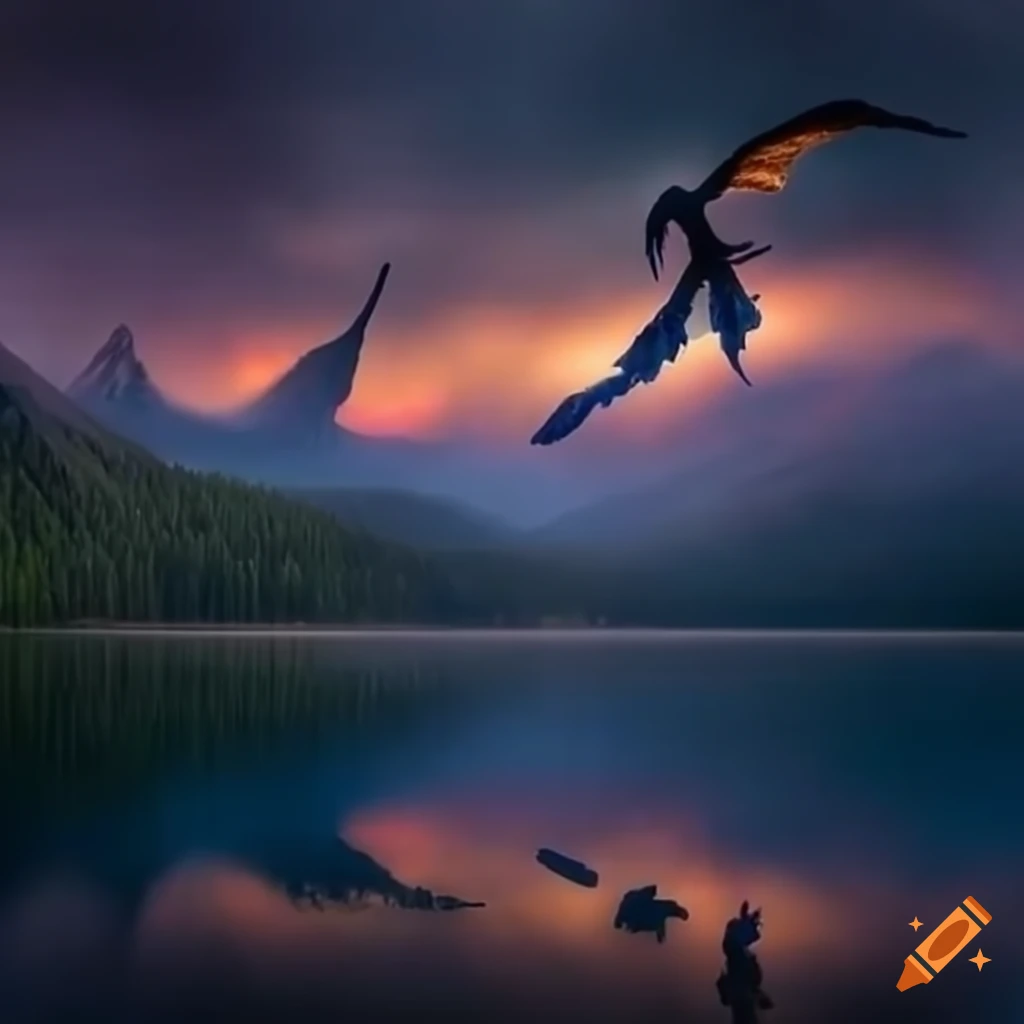 Mystical dragon soaring over a calm mountain lake on Craiyon