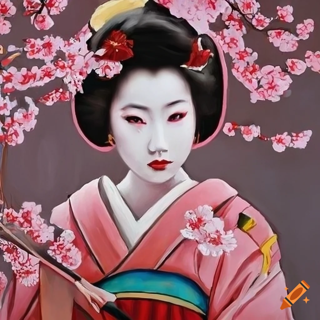 Beautiful painting of a geisha with pink cherry blossom on Craiyon