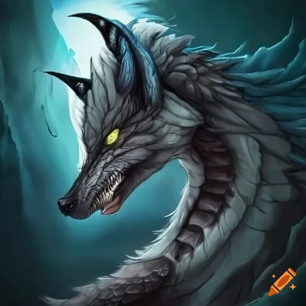 High definition detailed illustration of a wolf dragon hybrid creature ...