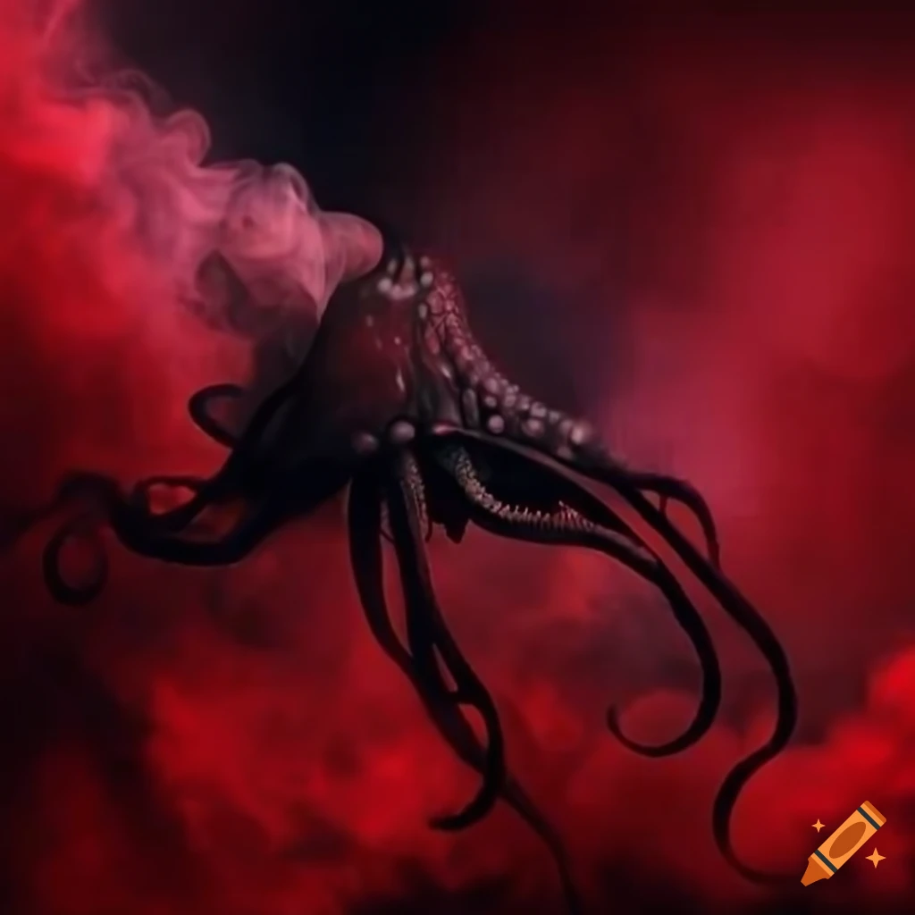 Lovecraftian squid horror made of black smoke with red and white lights ...