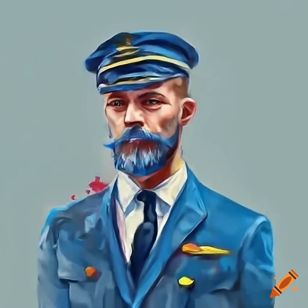 Stylish male airline crew member with salt and pepper beard and blue ...