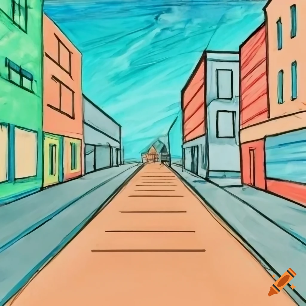 One point perspective street scene drawing with vanishing points and ...