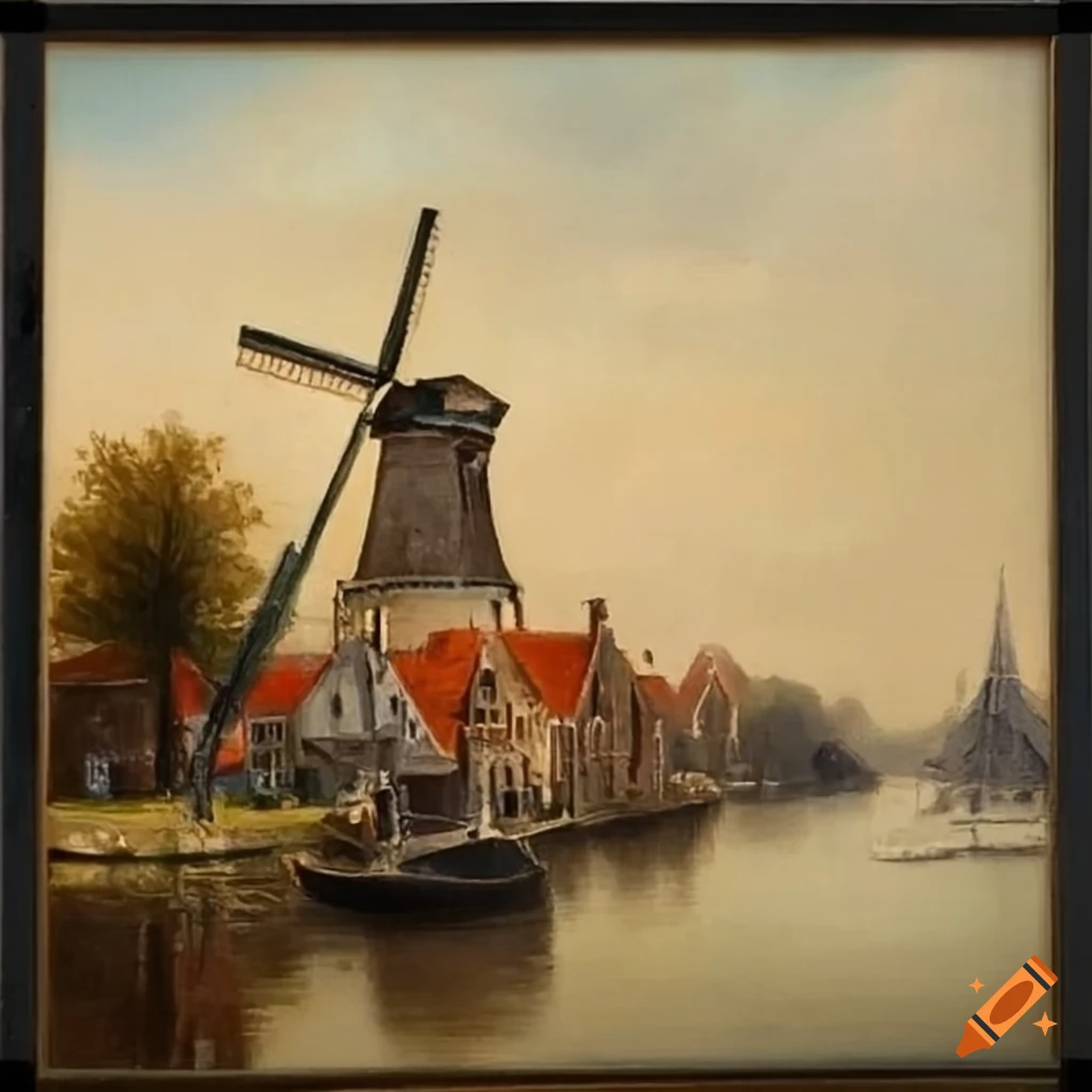 Oil painting of a dutch city with windmills and a river in the 1800s on ...