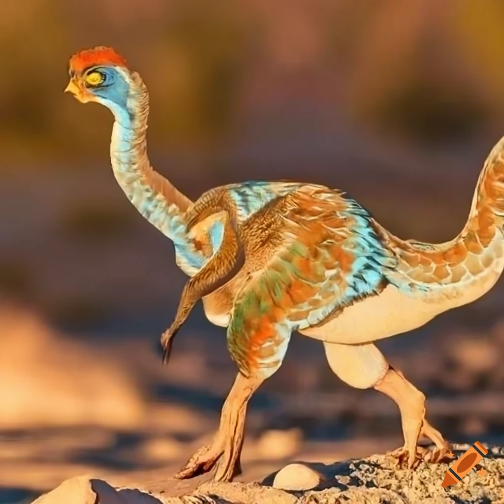 Feathered Oviraptor dinosaurs in a California desert landscape on Craiyon