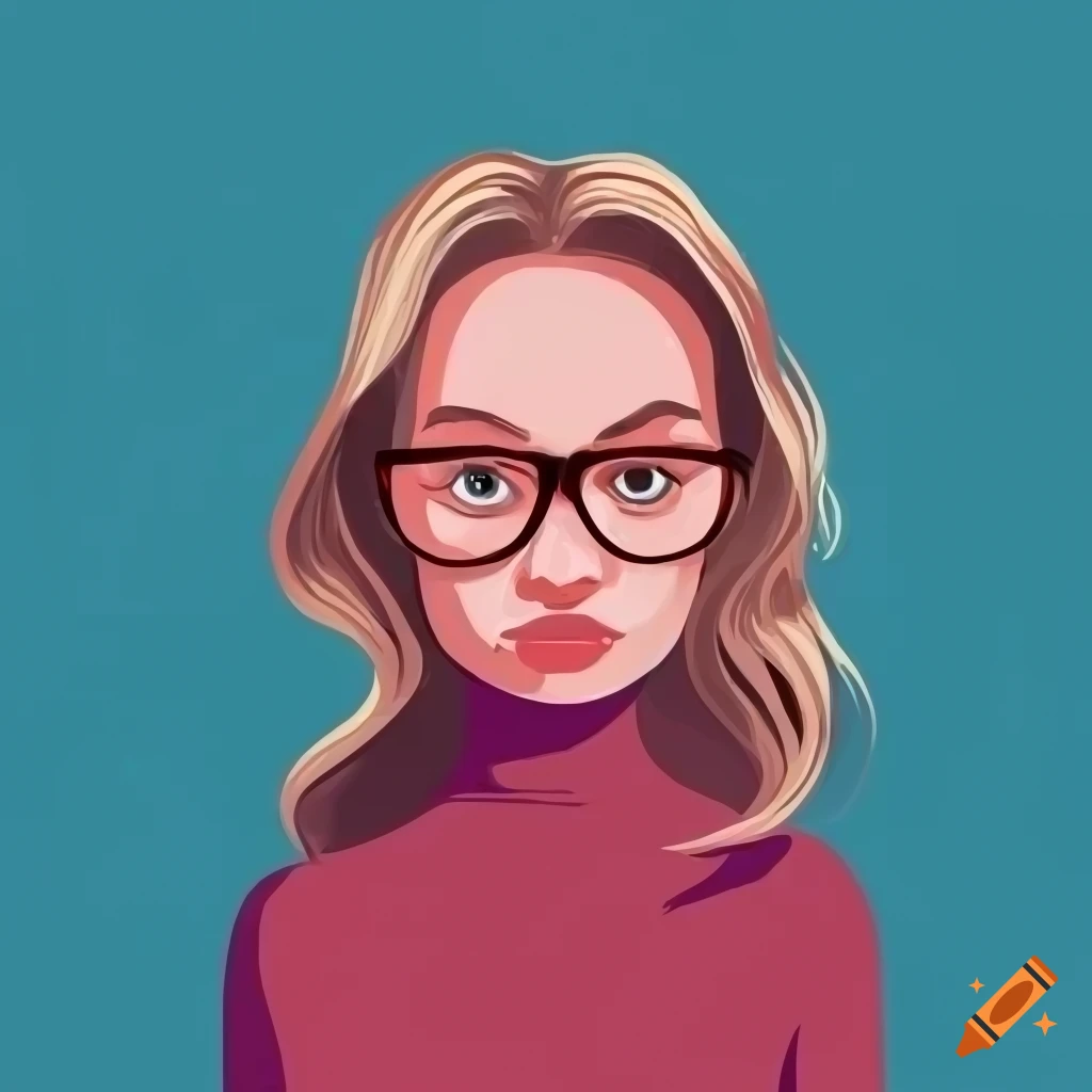 Cartoon portrait of young woman with long wavy light blonde hair, pink ...