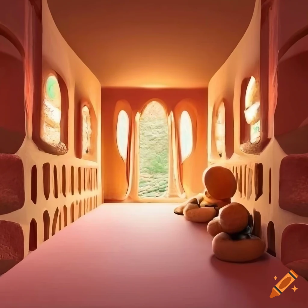 Colorful cave with spacious alcove room and shelves of decorative clay ...