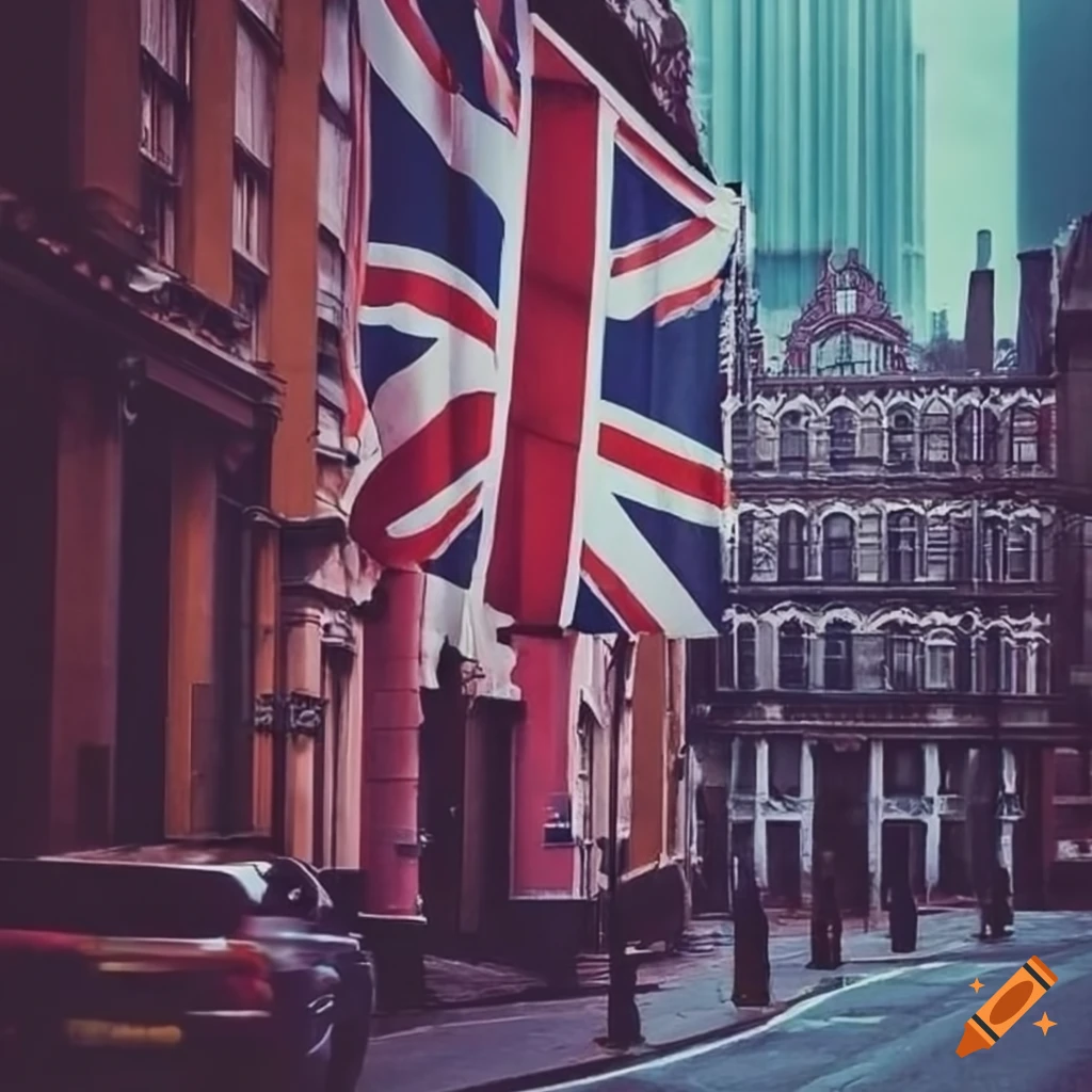 United kingdom flag flying in the street on Craiyon