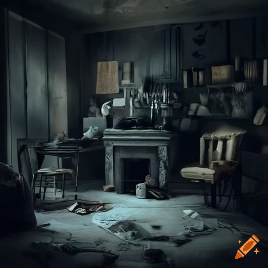 Creepy dark messy living room with clutter on Craiyon