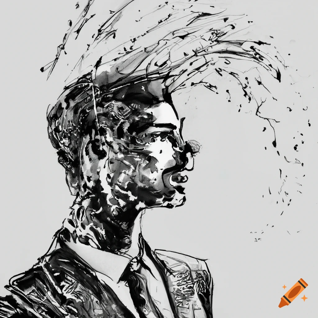 Fountain ink drawing of man in suit on white background on Craiyon