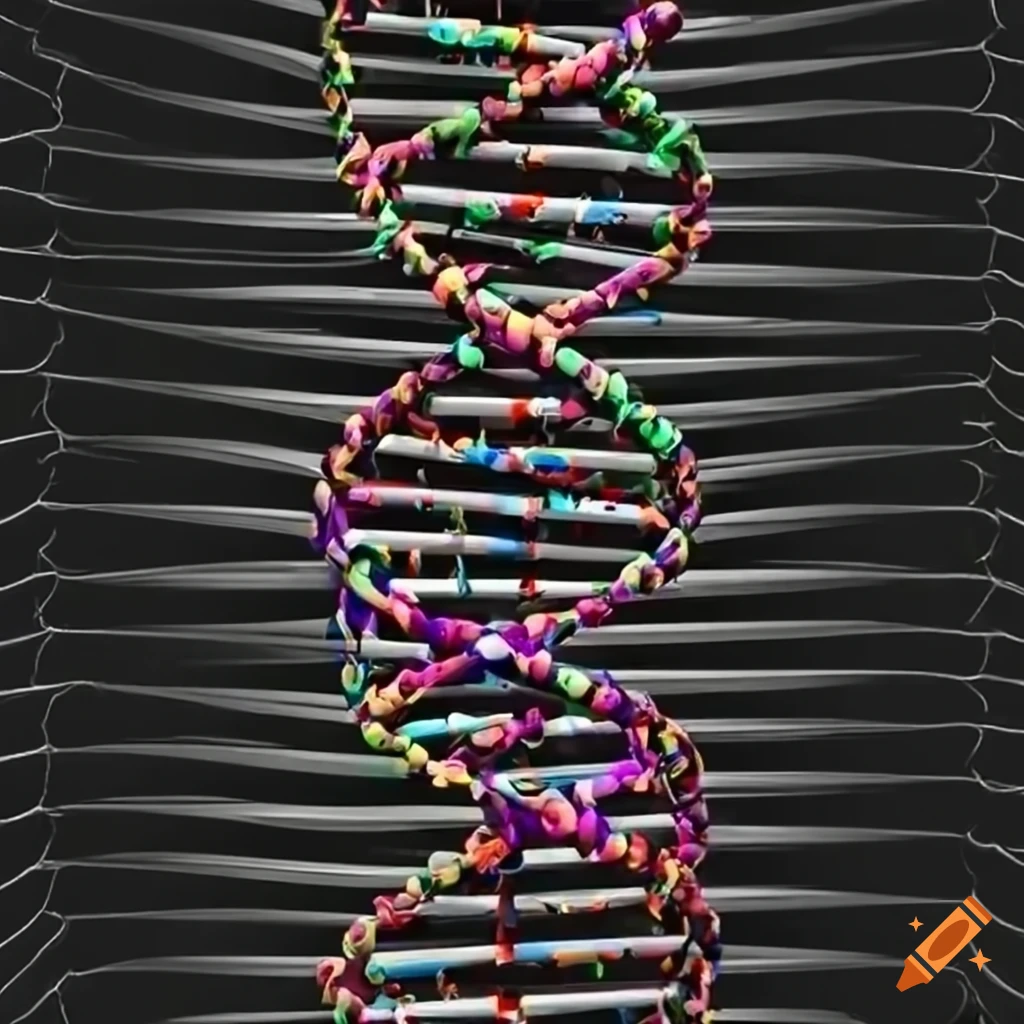 Vertical dna staircase with colored strands blurring into the ...