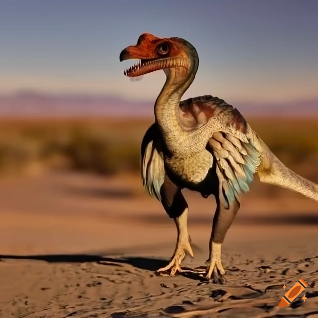 Feathered Oviraptor dinosaurs in a California desert landscape on Craiyon