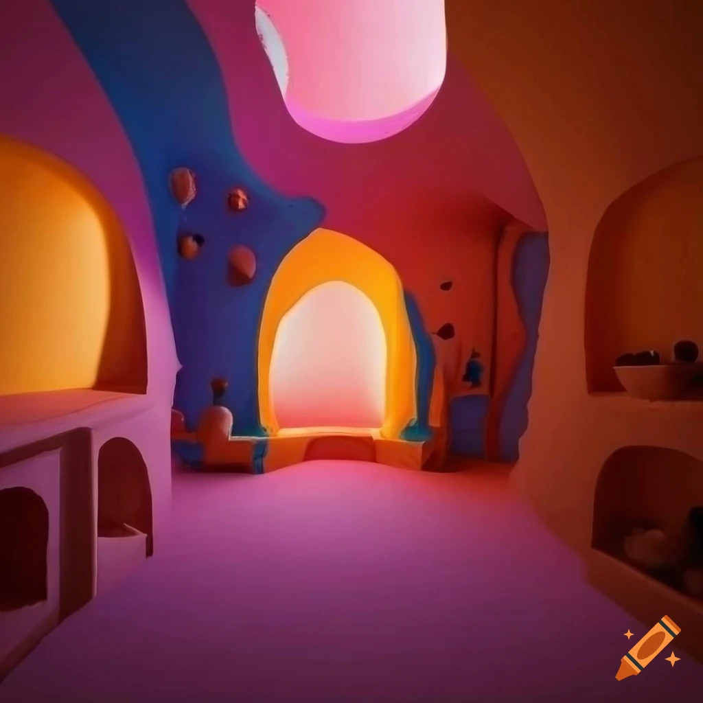 Colorful cave interior with alcove room and decorative clay objects on ...