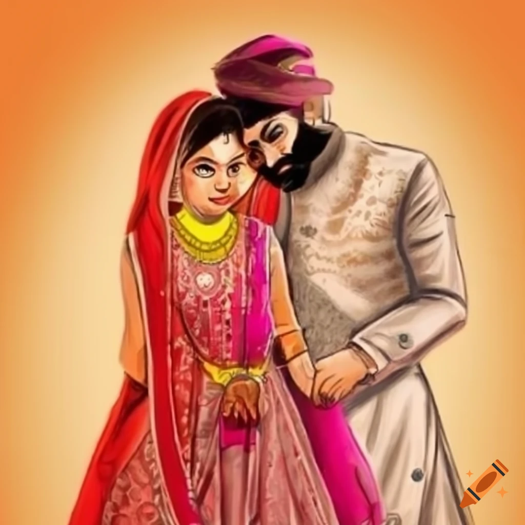 Illustrated sketch of an indian bride and groom on Craiyon