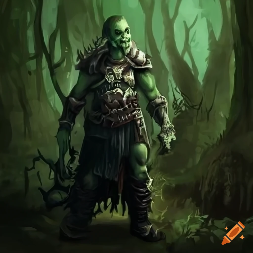 Dark fantasy half-orc necromancer with undead creatures in a mystical forest on Craiyon